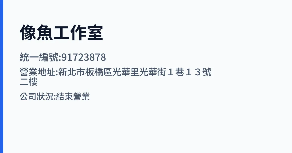 像魚工作室 - 統編 91723878(新北市) 公司登記資料與營業項目詳細圖表
