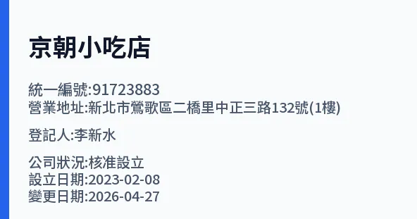 京朝小吃店的照片-統編 91723883(新北市) 公司登記資料與營業項目詳細圖表