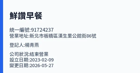 鮮讚早餐的照片-統編 91724237(新北市) 公司登記資料與營業項目詳細圖表