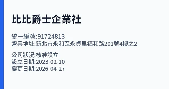 比比爵士企業社的照片-統編 91724813(新北市) 公司登記資料與營業項目詳細圖表