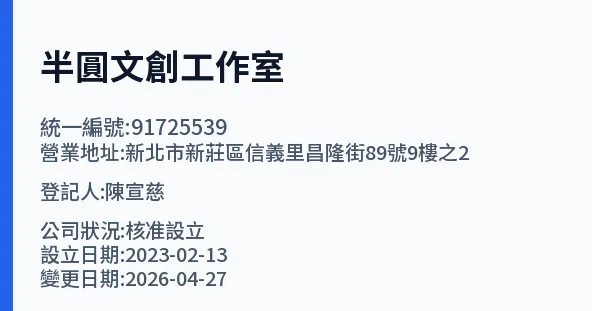 半圓文創工作室的照片-統編 91725539(新北市) 公司登記資料與營業項目詳細圖表