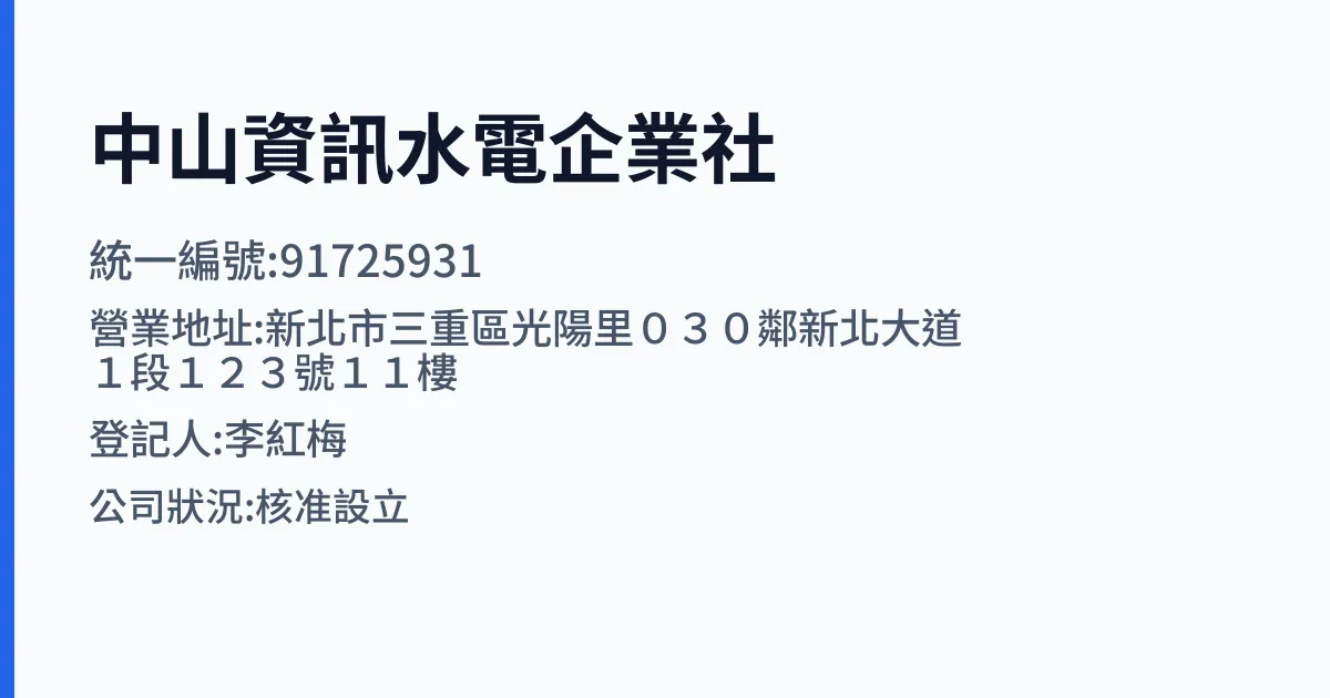 中山資訊水電企業社 - 統編 91725931(新北市) 公司登記資料與營業項目詳細圖表