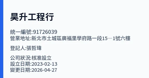 昊升工程行的照片-統編 91726039(新北市) 公司登記資料與營業項目詳細圖表