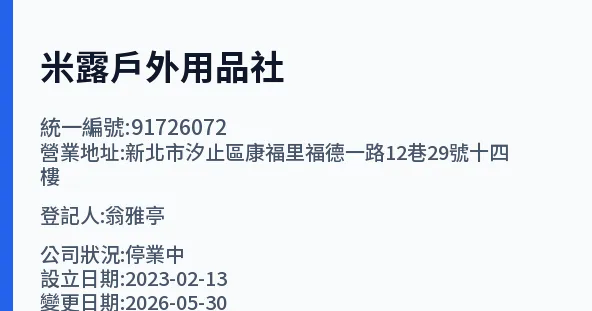 米露戶外用品社的照片-統編 91726072(新北市) 公司登記資料與營業項目詳細圖表