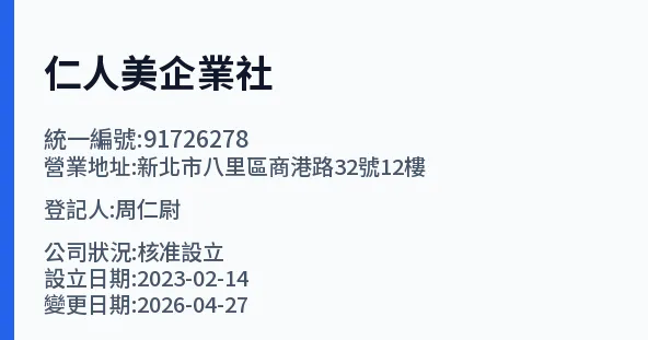 仁人美企業社的照片-統編 91726278(新北市) 公司登記資料與營業項目詳細圖表