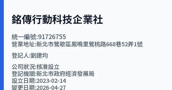 銘傳行動科技企業社的照片-統編 91726755(新北市) 公司登記資料與營業項目詳細圖表