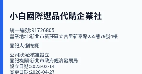 小白國際選品代購企業社的照片-統編 91726805(新北市) 公司登記資料與營業項目詳細圖表