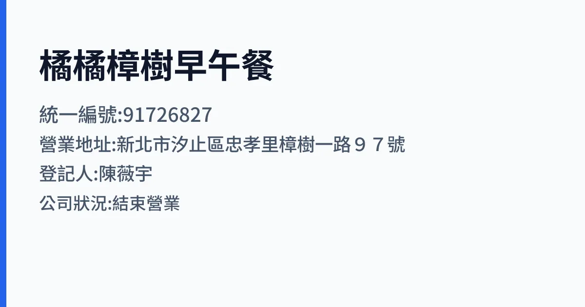 橘橘樟樹早午餐 - 統編 91726827(新北市) 公司登記資料與營業項目詳細圖表