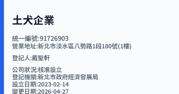 土犬企業的照片-統編 91726903(新北市) 公司登記資料與營業項目詳細圖表