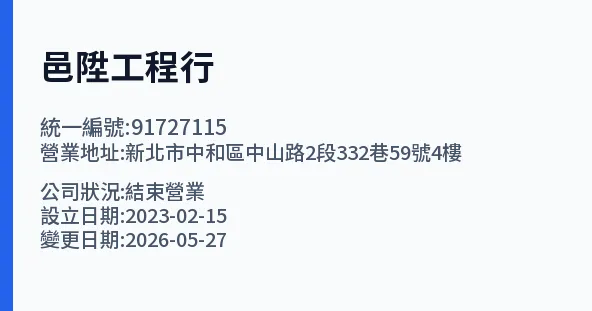 邑陞工程行的照片-統編 91727115(新北市) 公司登記資料與營業項目詳細圖表