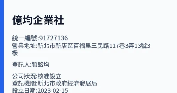 億均企業社的照片-統編 91727136(新北市) 公司登記資料與營業項目詳細圖表