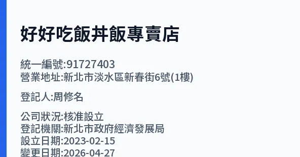 好好吃飯丼飯專賣店的照片-統編 91727403(新北市) 公司登記資料與營業項目詳細圖表