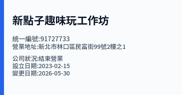 新點子趣味玩工作坊的照片-統編 91727733(新北市) 公司登記資料與營業項目詳細圖表