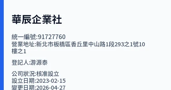 華辰企業社的照片-統編 91727760(新北市) 公司登記資料與營業項目詳細圖表