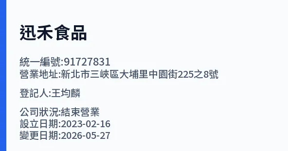 迅禾食品的照片-統編 91727831(新北市) 公司登記資料與營業項目詳細圖表