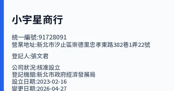 小宇星商行的照片-統編 91728091(新北市) 公司登記資料與營業項目詳細圖表