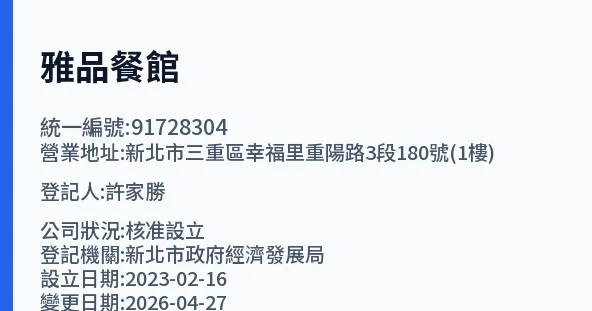 雅品餐館的照片-統編 91728304(新北市) 公司登記資料與營業項目詳細圖表