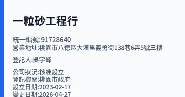 一粒砂工程行的照片-統編 91728640(桃園市) 公司登記資料與營業項目詳細圖表