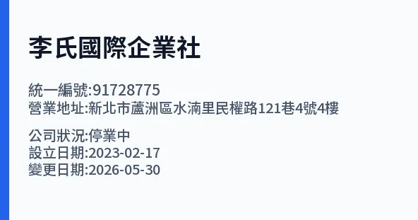 李氏國際企業社的照片-統編 91728775(新北市) 公司登記資料與營業項目詳細圖表