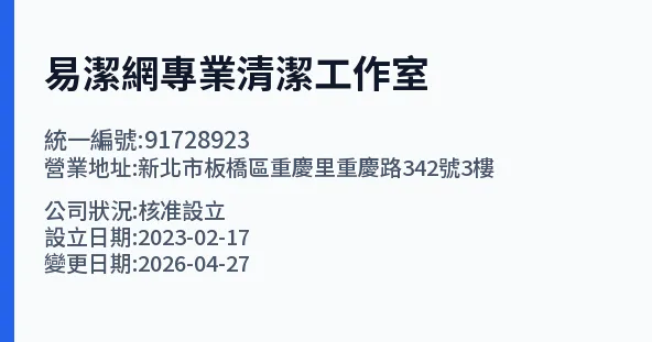 易潔網專業清潔工作室的照片-統編 91728923(新北市) 公司登記資料與營業項目詳細圖表