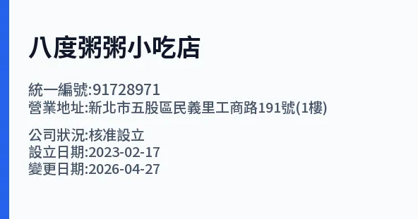 八度粥粥小吃店的照片-統編 91728971(新北市) 公司登記資料與營業項目詳細圖表