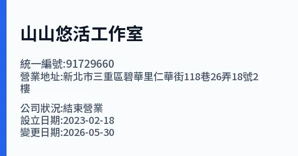 山山悠活工作室的照片-統編 91729660(新北市) 公司登記資料與營業項目詳細圖表