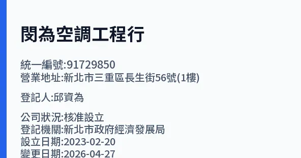 閔為空調工程行的照片-統編 91729850(新北市) 公司登記資料與營業項目詳細圖表