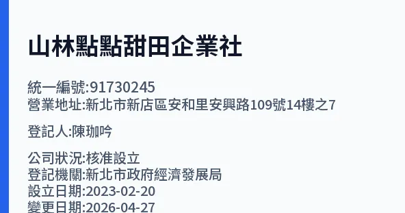 山林點點甜田企業社的照片-統編 91730245(新北市) 公司登記資料與營業項目詳細圖表