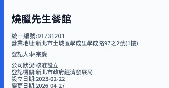 燒臘先生餐館的照片-統編 91731201(新北市) 公司登記資料與營業項目詳細圖表
