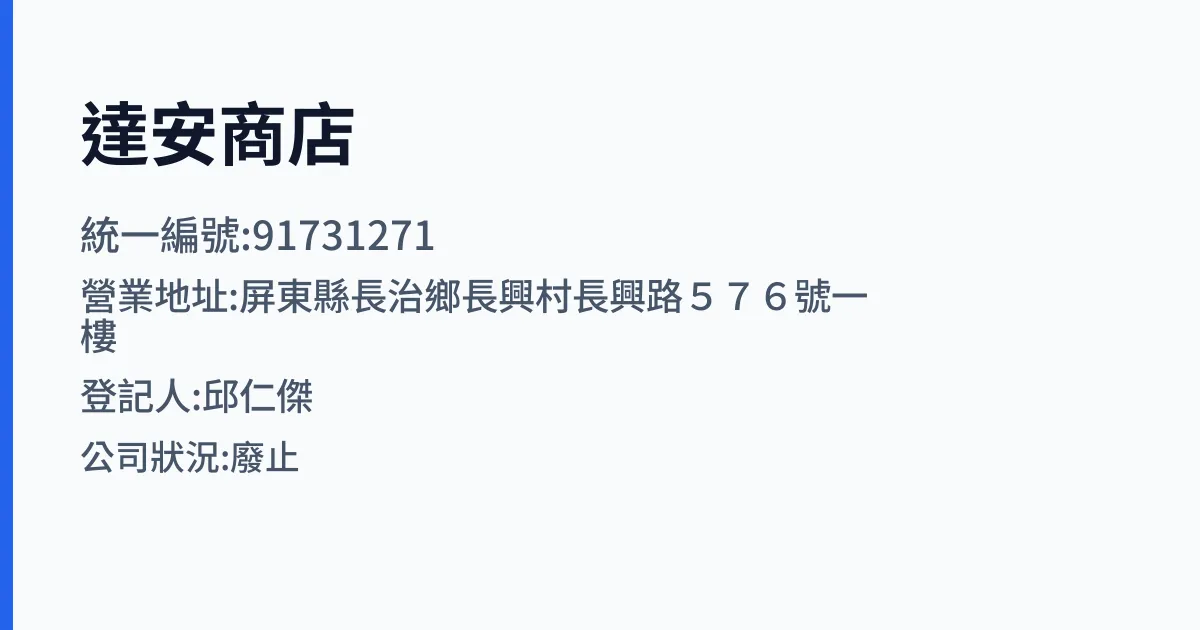 達安商店 - 統編 91731271(屏東縣) 公司登記資料與營業項目詳細圖表