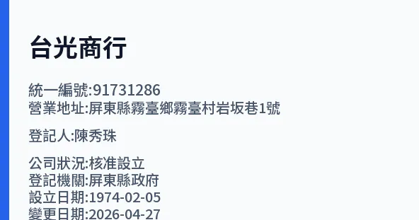台光商行的照片-統編 91731286(屏東縣) 公司登記資料與營業項目詳細圖表