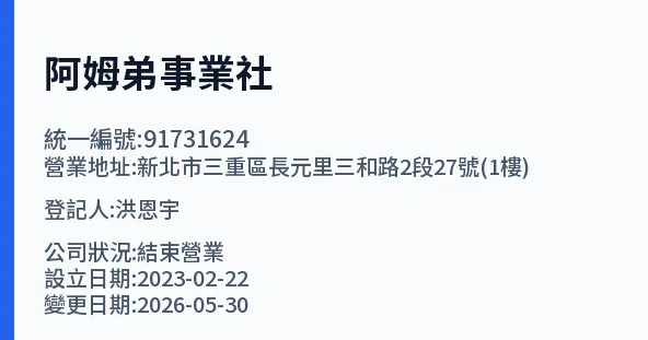 阿姆弟事業社的照片-統編 91731624(新北市) 公司登記資料與營業項目詳細圖表