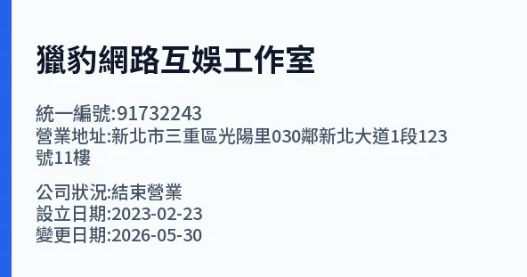 獵豹網路互娛工作室的照片-統編 91732243(新北市) 公司登記資料與營業項目詳細圖表