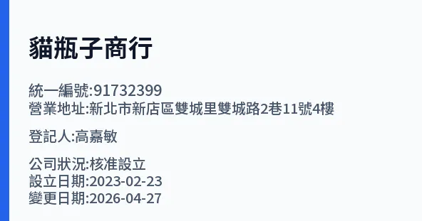 貓瓶子商行的照片-統編 91732399(新北市) 公司登記資料與營業項目詳細圖表