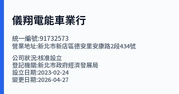 儀翔電能車業行的照片-統編 91732573(新北市) 公司登記資料與營業項目詳細圖表