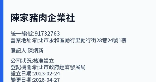 陳家豬肉企業社的照片-統編 91732763(新北市) 公司登記資料與營業項目詳細圖表