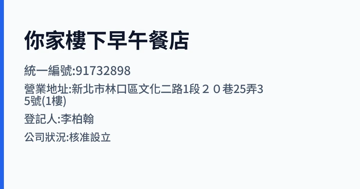 你家樓下早午餐店 - 統編 91732898(新北市) 公司登記資料與營業項目詳細圖表