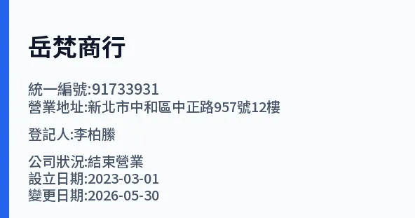 岳梵商行的照片-統編 91733931(新北市) 公司登記資料與營業項目詳細圖表