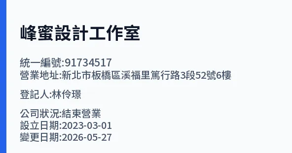 峰蜜設計工作室的照片-統編 91734517(新北市) 公司登記資料與營業項目詳細圖表