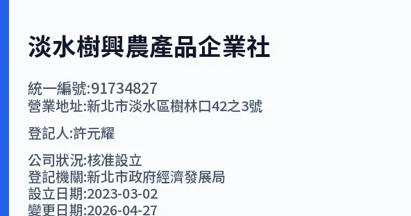淡水樹興農產品企業社的照片-統編 91734827(新北市) 公司登記資料與營業項目詳細圖表