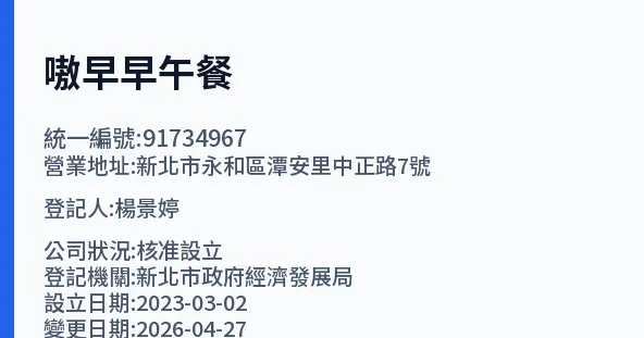 嗷早早午餐的照片-統編 91734967(新北市) 公司登記資料與營業項目詳細圖表