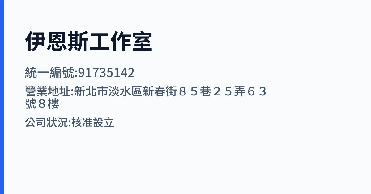 伊恩斯工作室 - 統編 91735142(新北市) 公司登記資料與營業項目詳細圖表