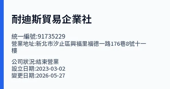 耐迪斯貿易企業社的照片-統編 91735229(新北市) 公司登記資料與營業項目詳細圖表