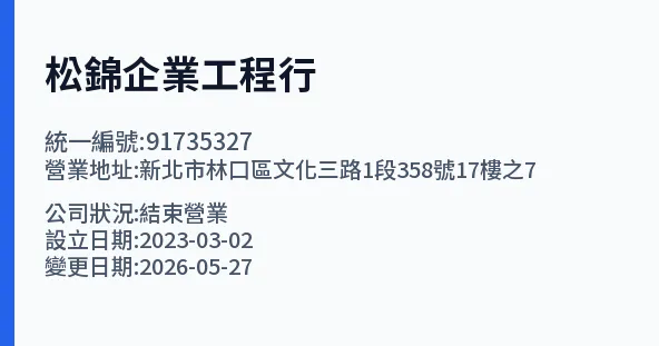 松錦企業工程行的照片-統編 91735327(新北市) 公司登記資料與營業項目詳細圖表