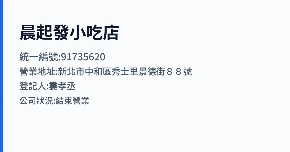 晨起發小吃店 - 統編 91735620(新北市) 公司登記資料與營業項目詳細圖表