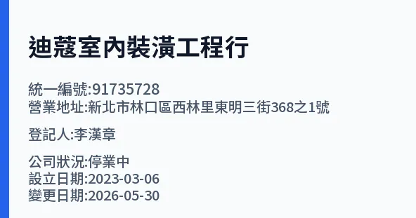 迪蔻室內裝潢工程行的照片-統編 91735728(新北市) 公司登記資料與營業項目詳細圖表