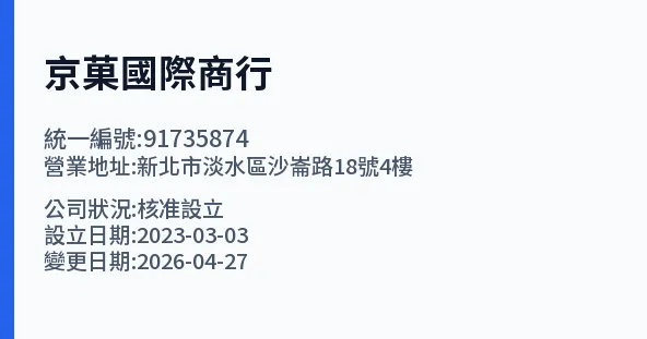 京菓國際商行的照片-統編 91735874(新北市) 公司登記資料與營業項目詳細圖表