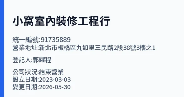 小窩室內裝修工程行的照片-統編 91735889(新北市) 公司登記資料與營業項目詳細圖表