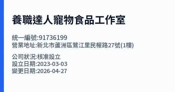 養職達人寵物食品工作室的照片-統編 91736199(新北市) 公司登記資料與營業項目詳細圖表