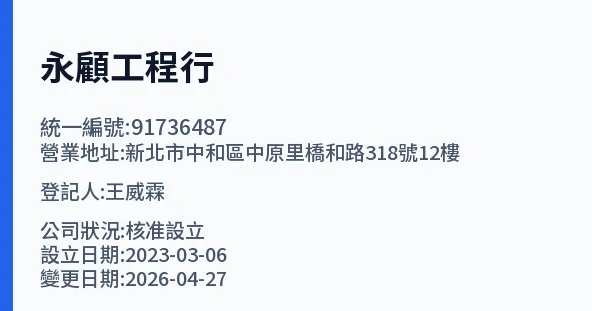 永顧工程行的照片-統編 91736487(新北市) 公司登記資料與營業項目詳細圖表
